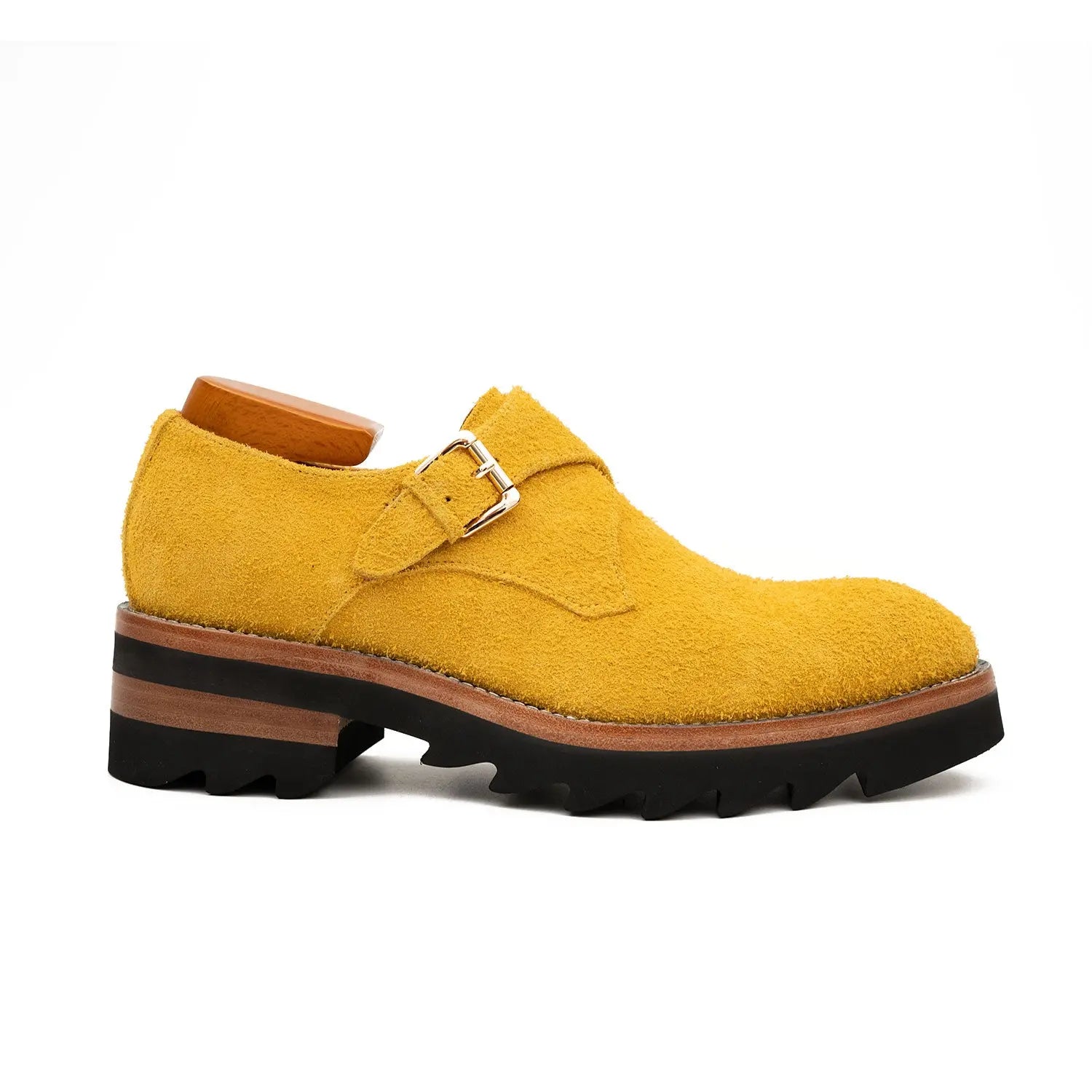 Lemon Yellow Cow Suede Monk Strap Shoes - Divinch