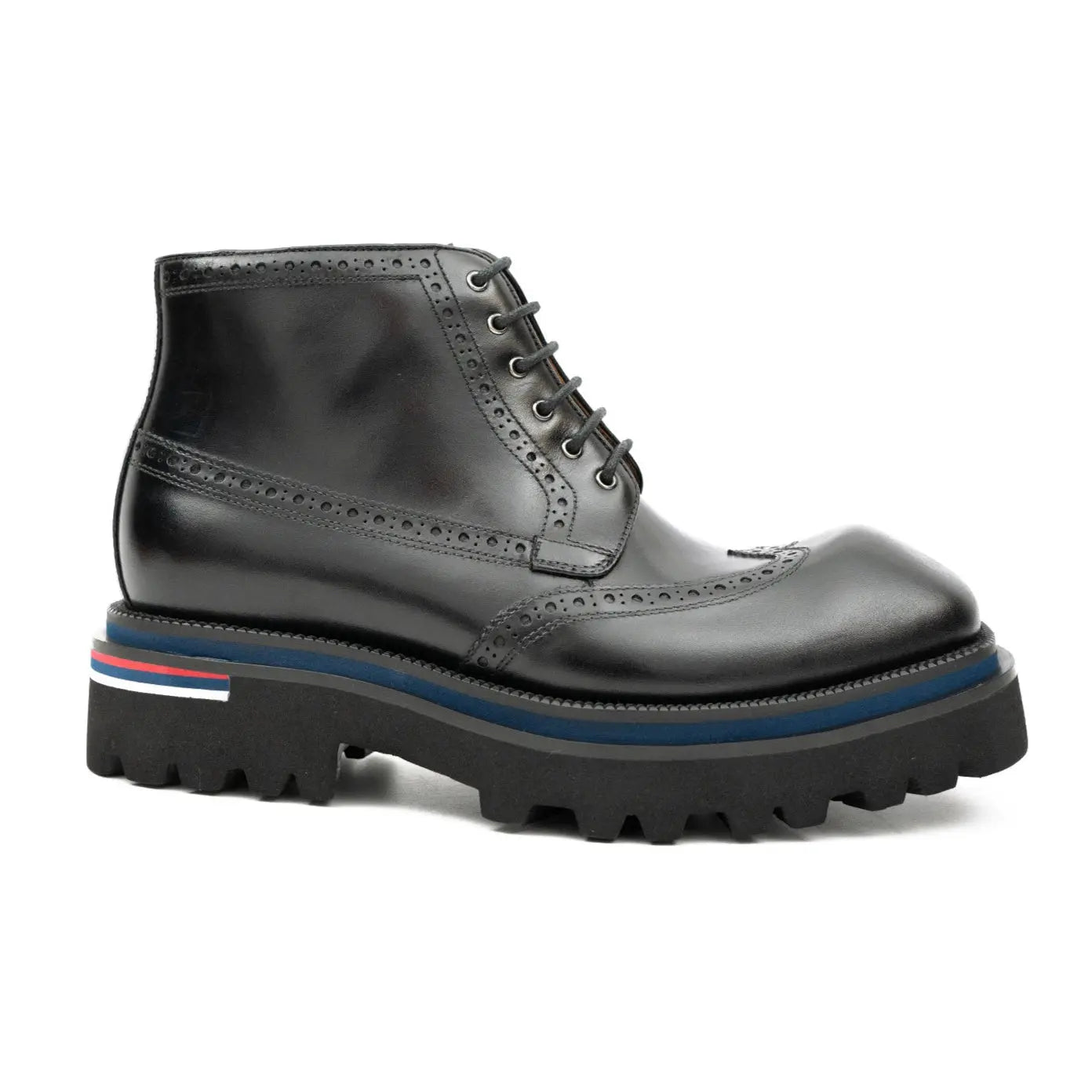 Handcrafted Black Calfskin Side-Zipper Martin Boots with Brogue Detail