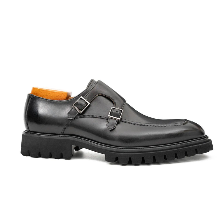 Black Double Monk Strap Leather Shoes - Divinch