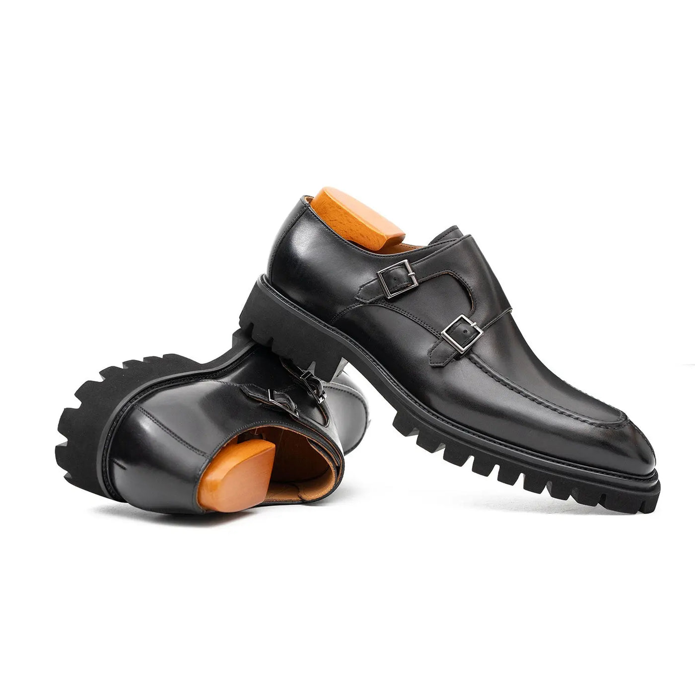 Black Double Monk Strap Leather Shoes - Divinch