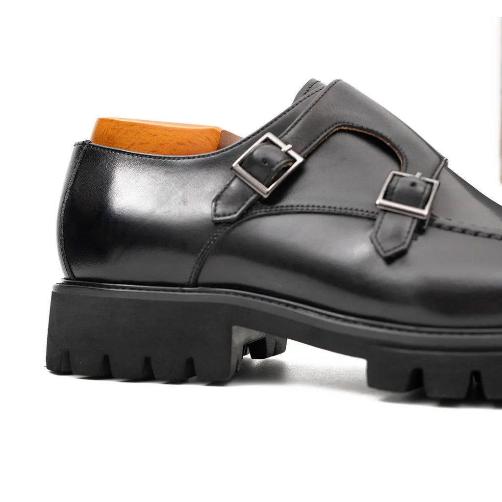 Black Double Monk Strap Leather Shoes - Divinch