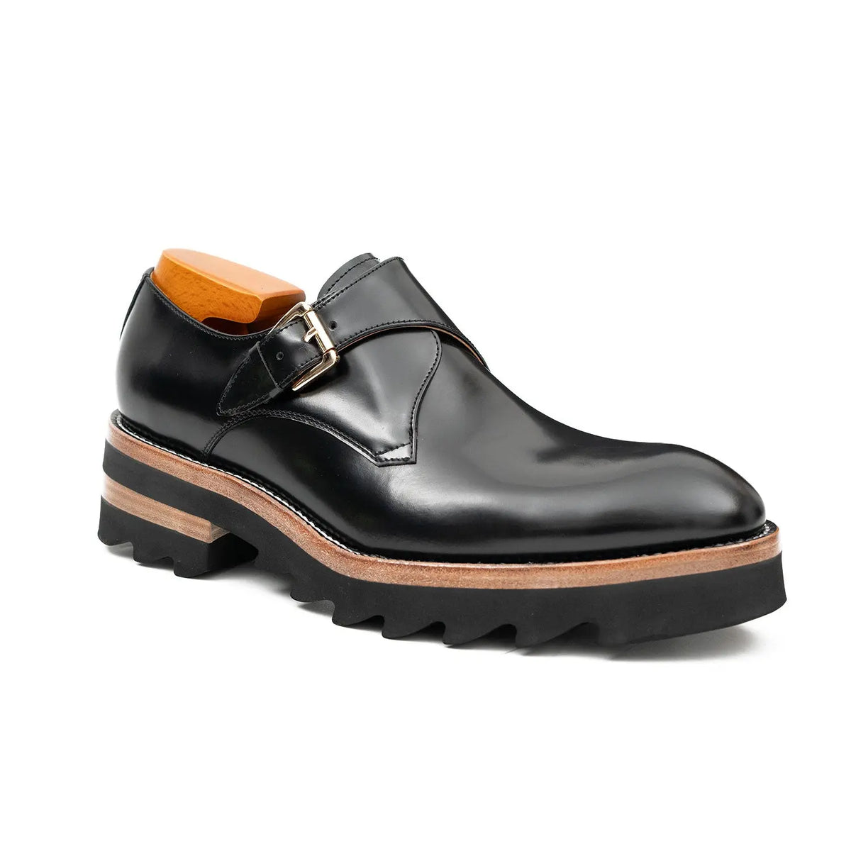 Black Leather Monk Strap Shoes with Chunky Soles - Divinch