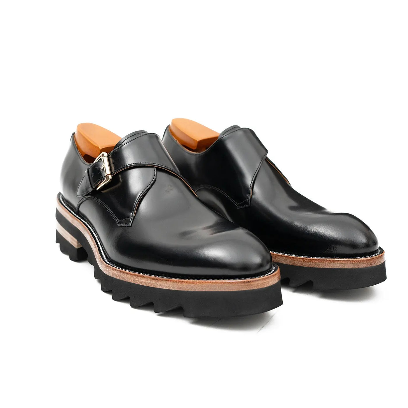 Black Leather Monk Strap Shoes with Chunky Soles -DIVINCH