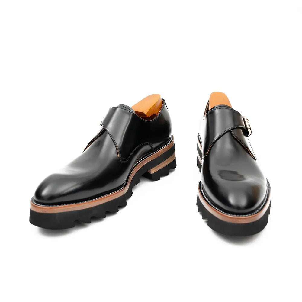 Black Leather Monk Strap Shoes with Chunky Soles -DIVINCH