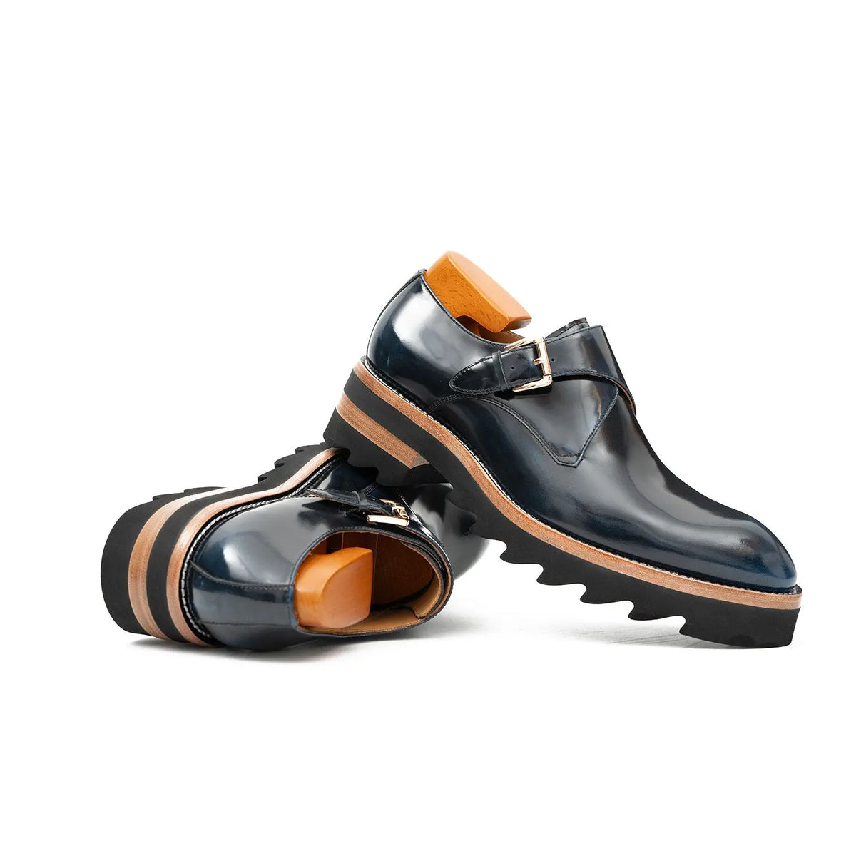 Blue Leather Monk Strap Shoes with Chunky Soles - Divinch