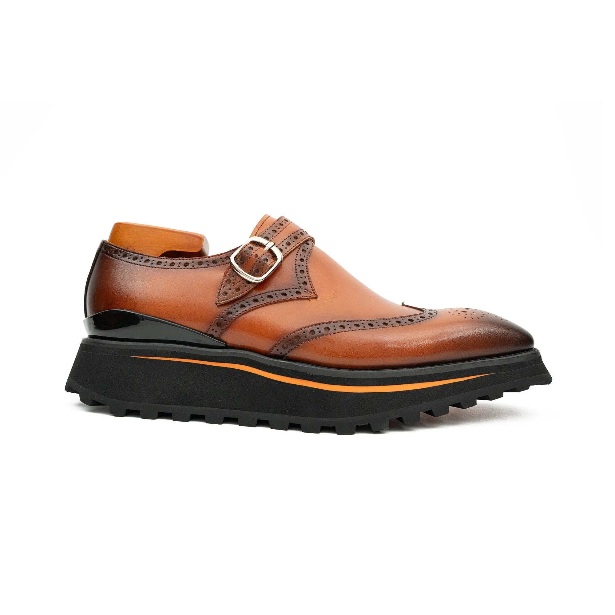 Men's Umber Brown Single Monk Strap Brogue Leather Chunky Sole Shoes