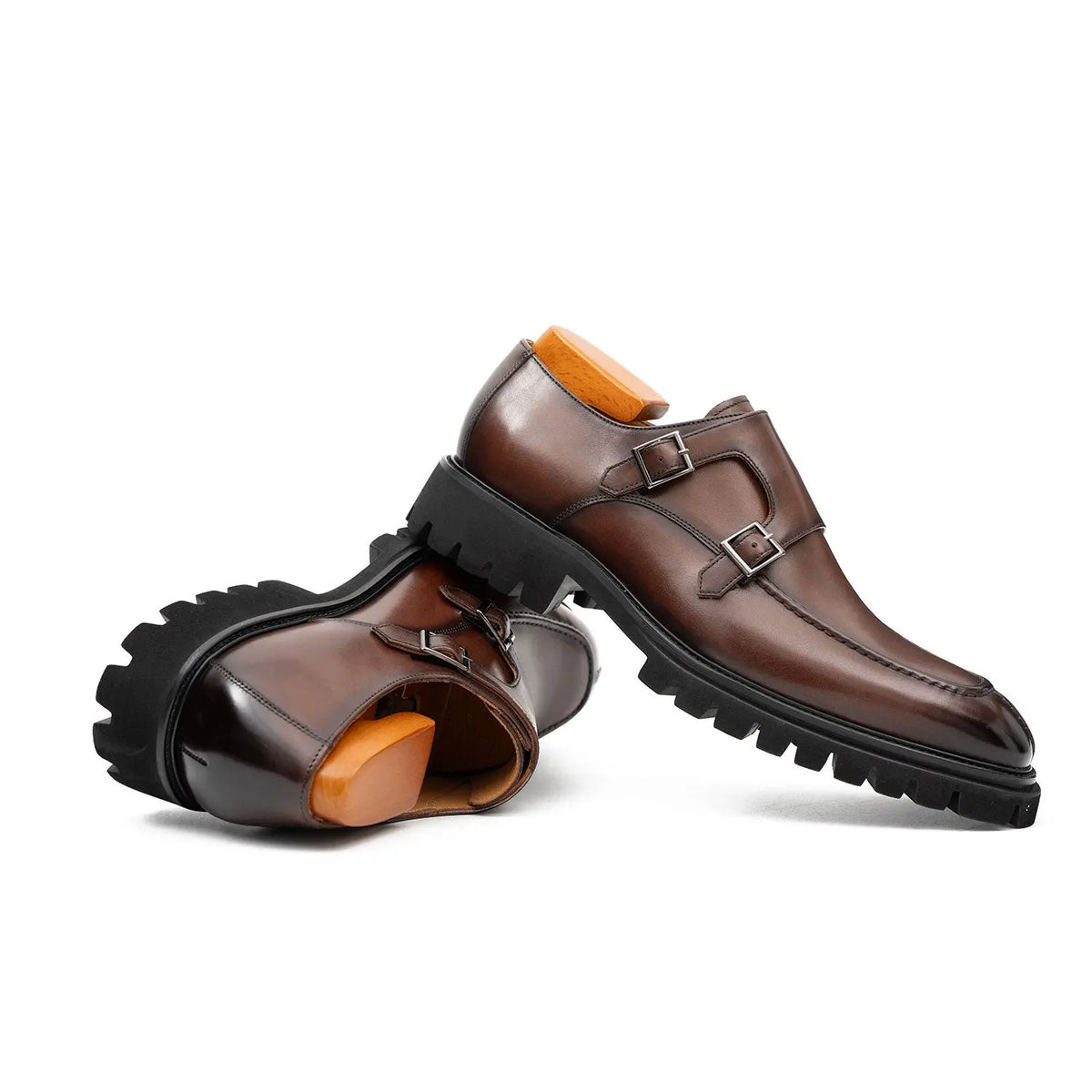Elegant Brown Double Monk Strap Leather Shoes for Men -DIVINCH