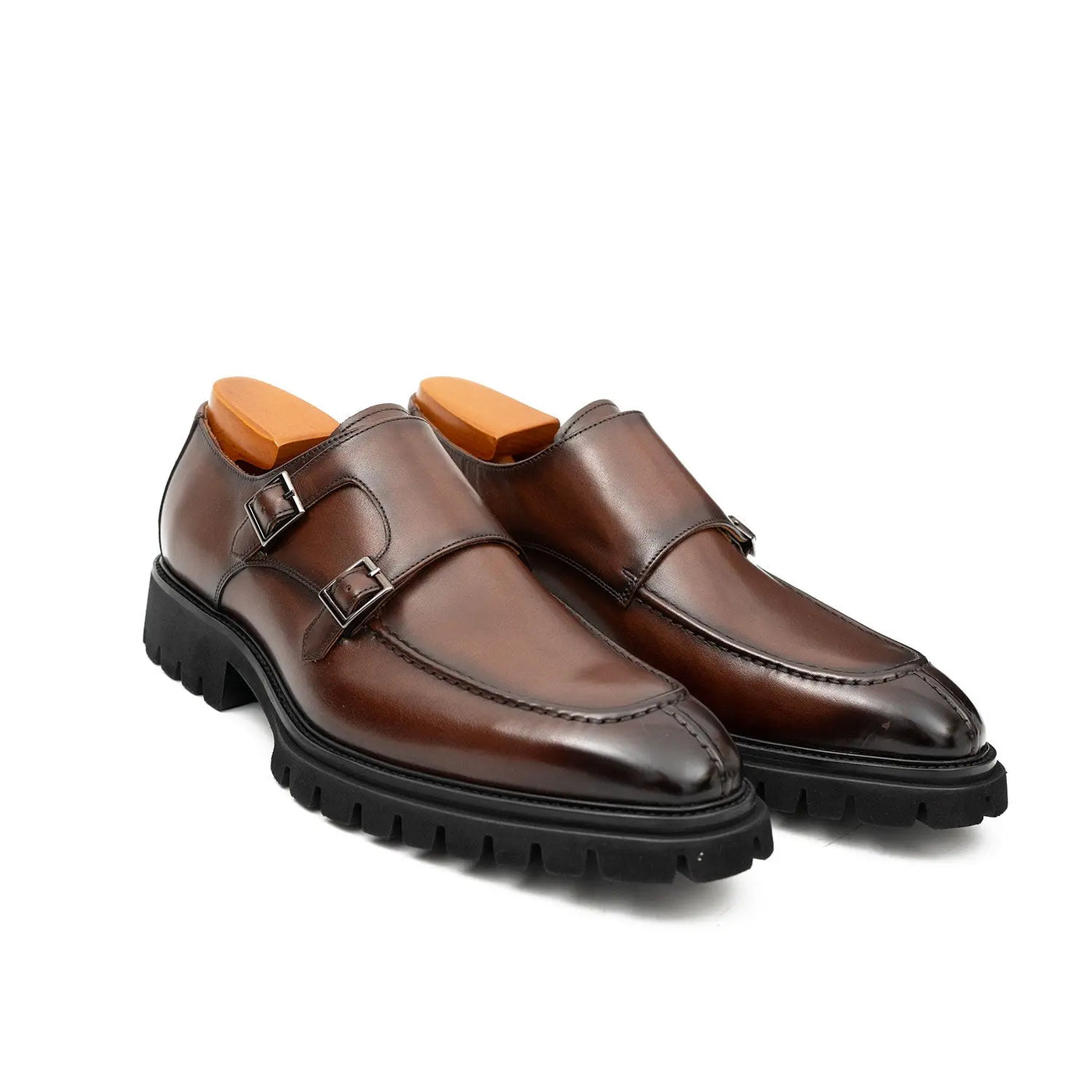 Brown Double Monk Strap Leather Shoes - Divinch