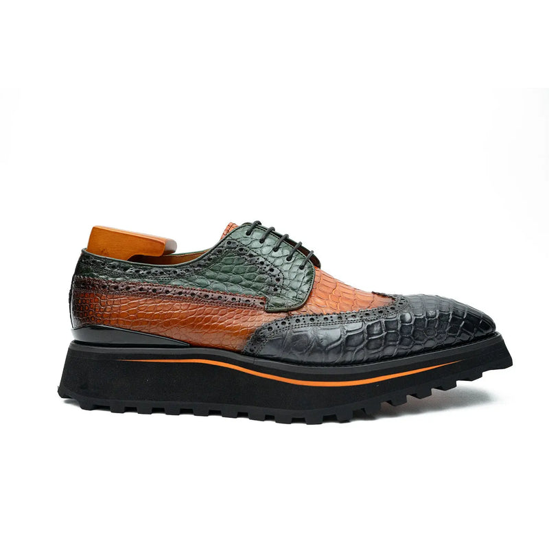 Genuine Crocodile Leather Handmade Grey Brown Brogue Shoes - Divinch