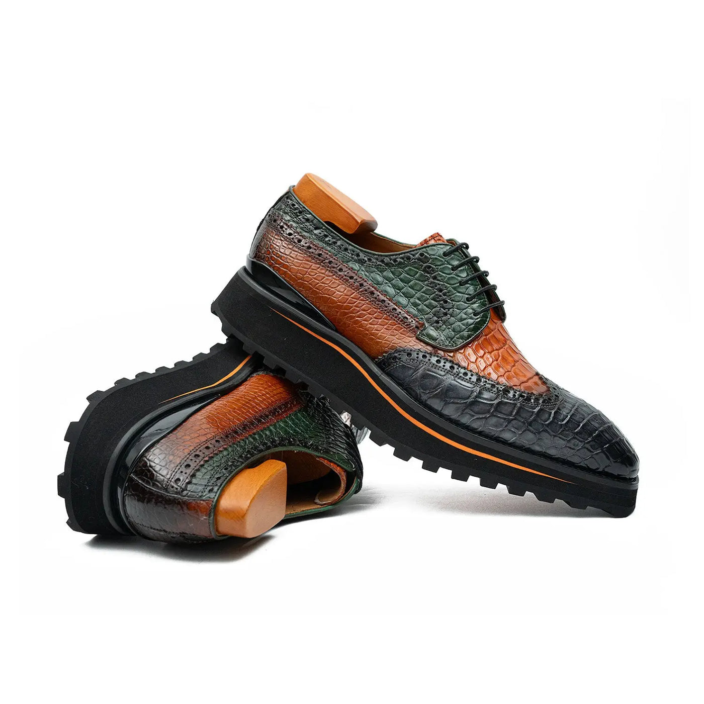 Genuine Crocodile Leather Handmade Grey Brown Brogue Shoes - Divinch