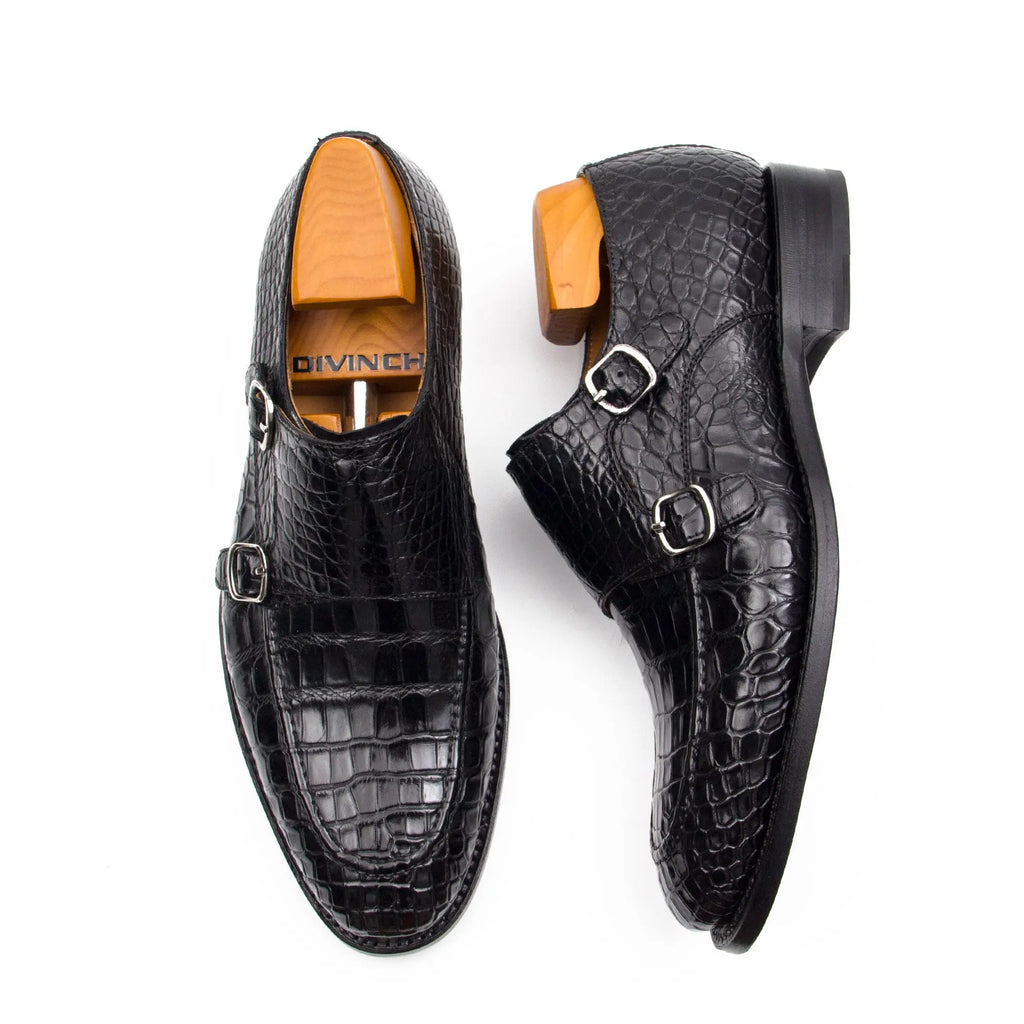 Black crocodile double monk strap shoes - Divinch