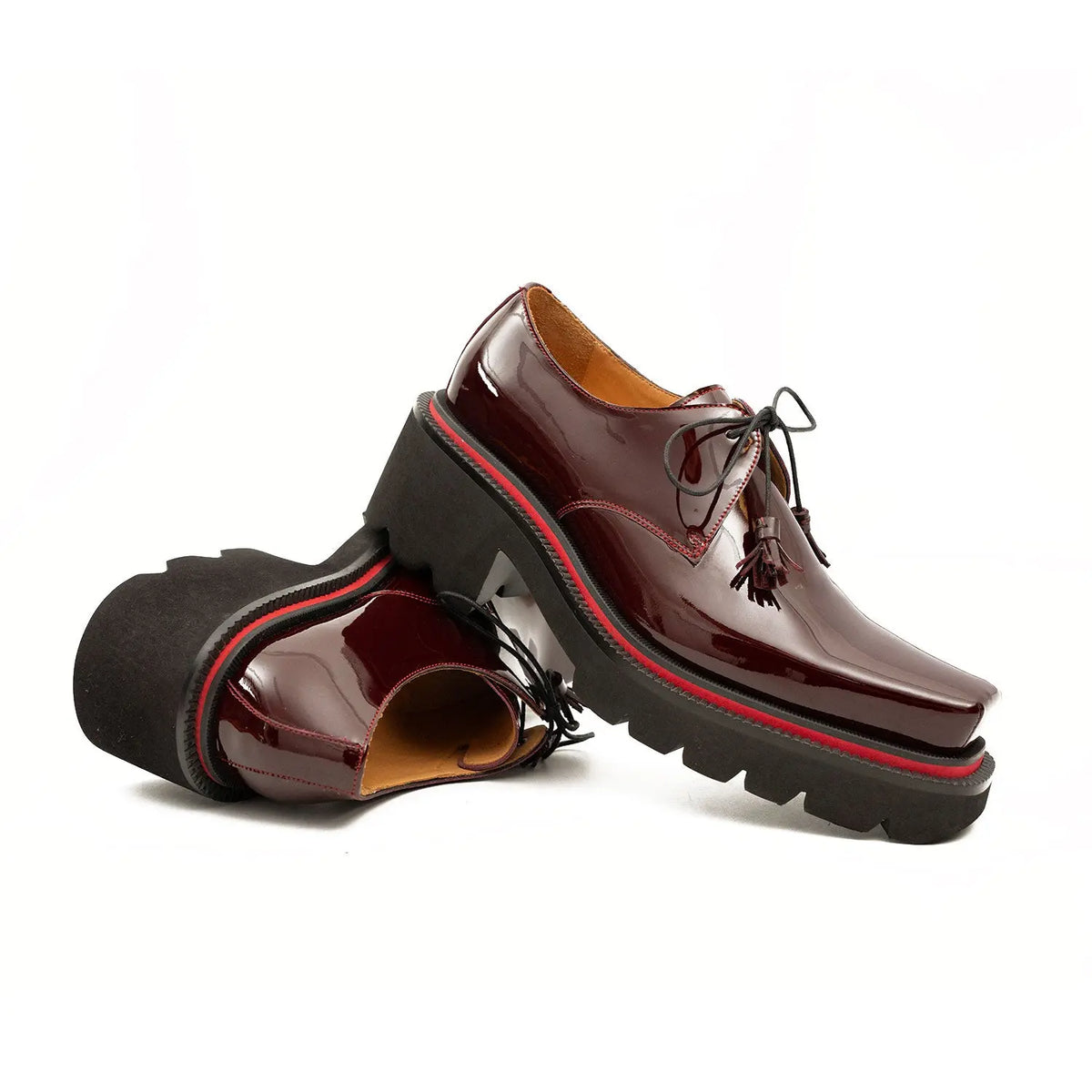 Mens Wine Red Patent Leather Derby Shoes with Chunky Sole Red Accents