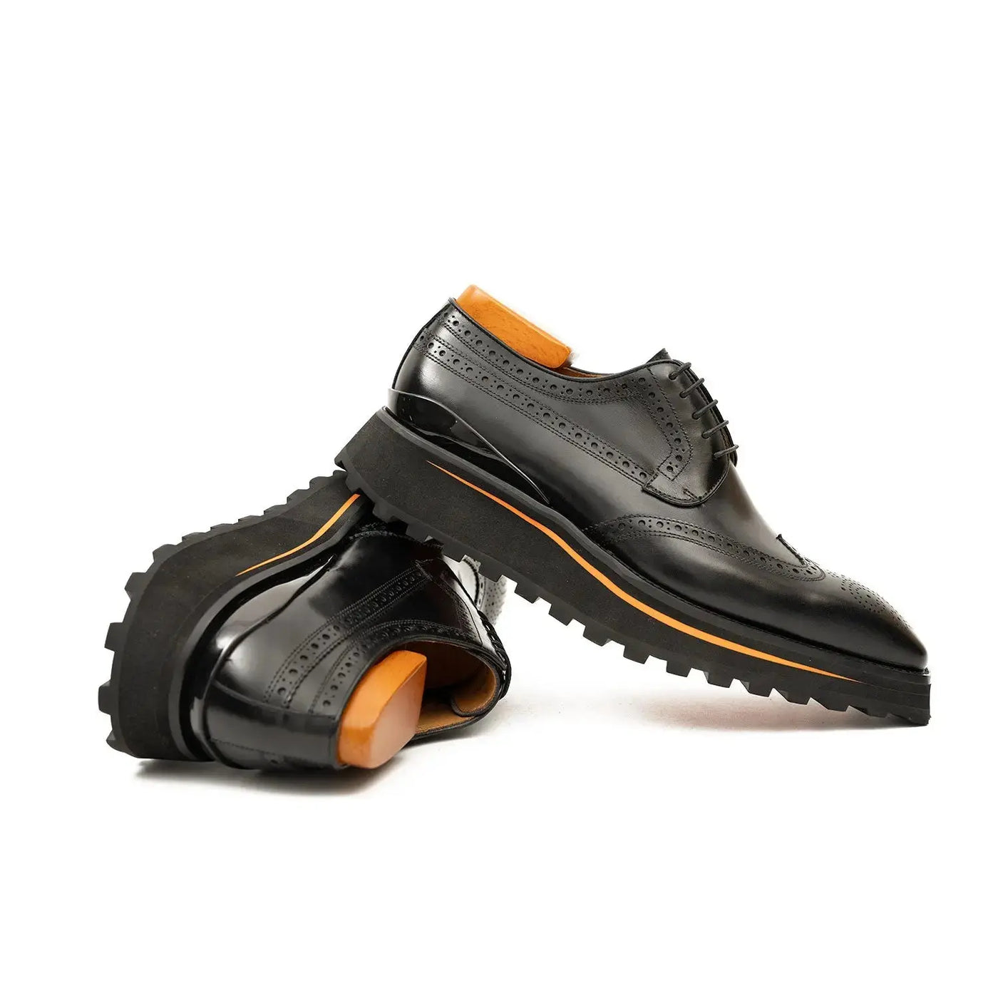 Thick-soled calfskin formal brogue derby shoes Black - Divinch